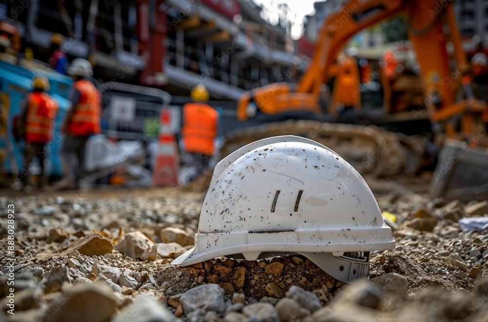 A white dirty construction helmet lying on a gravel surface at a busy ...