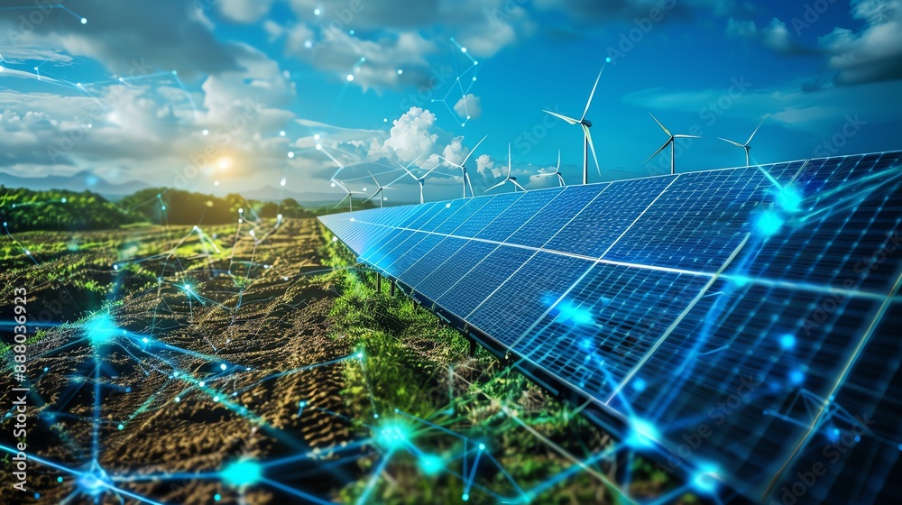 Futuristic energy solutions with solar panels, wind turbines, and smart ...
