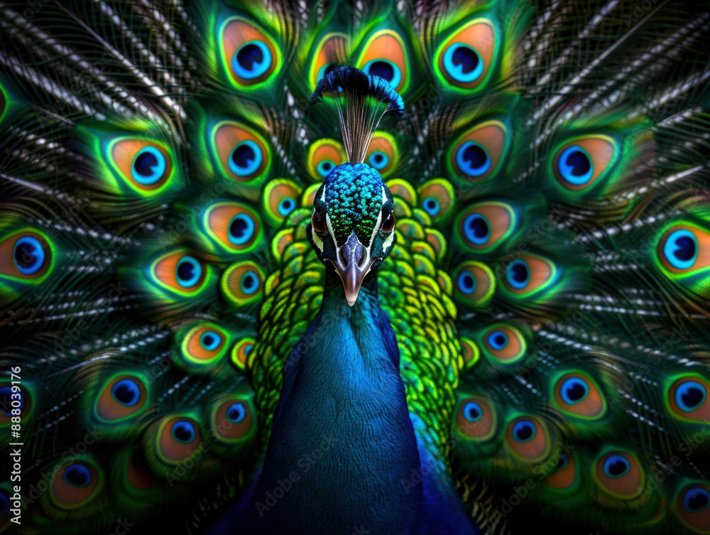 A peacock with its head turned to the side and its feathers spread out ...