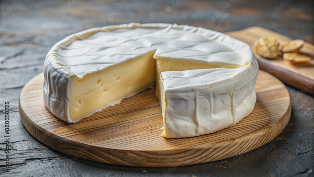 Creamy Brie cheese wheel with wedge cut out, showcasing rich flavor and ...