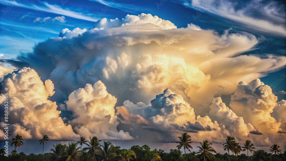 Cumulonimbus clouds in tropical sky with moving nimbus, abstract ...
