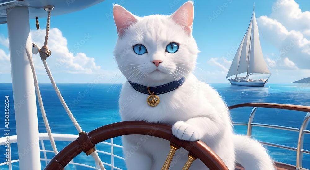 cat on a yacht, cute cartoon white kitten sitting by the helm on a ship ...