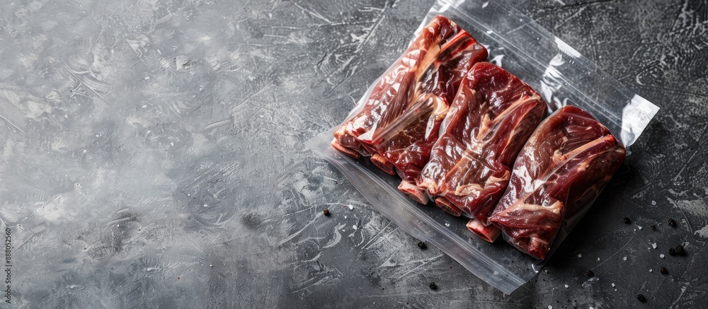 Vacuum packed beef short ribs displayed on a grey stone surface from a ...