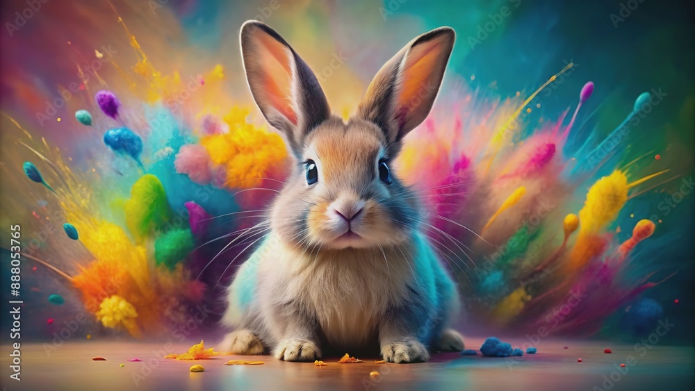 Cute bunny surrounded by burst of variegated paint colors, varicolored ...