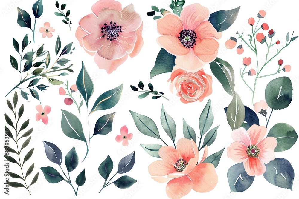 Watercolor floral clipart with pink flowers, leaves, and branches ...