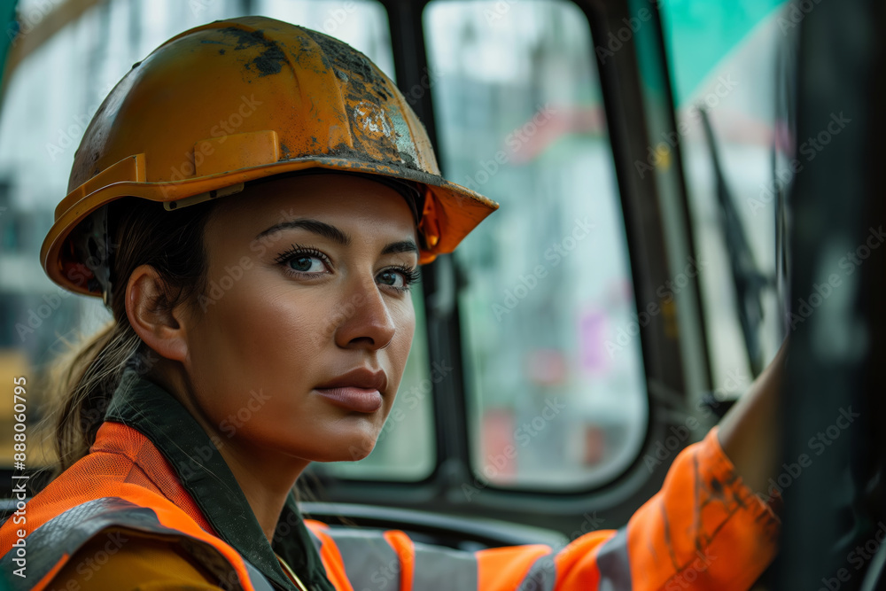 Portrait of a female construction worker in a hard hat and hi-vis ...