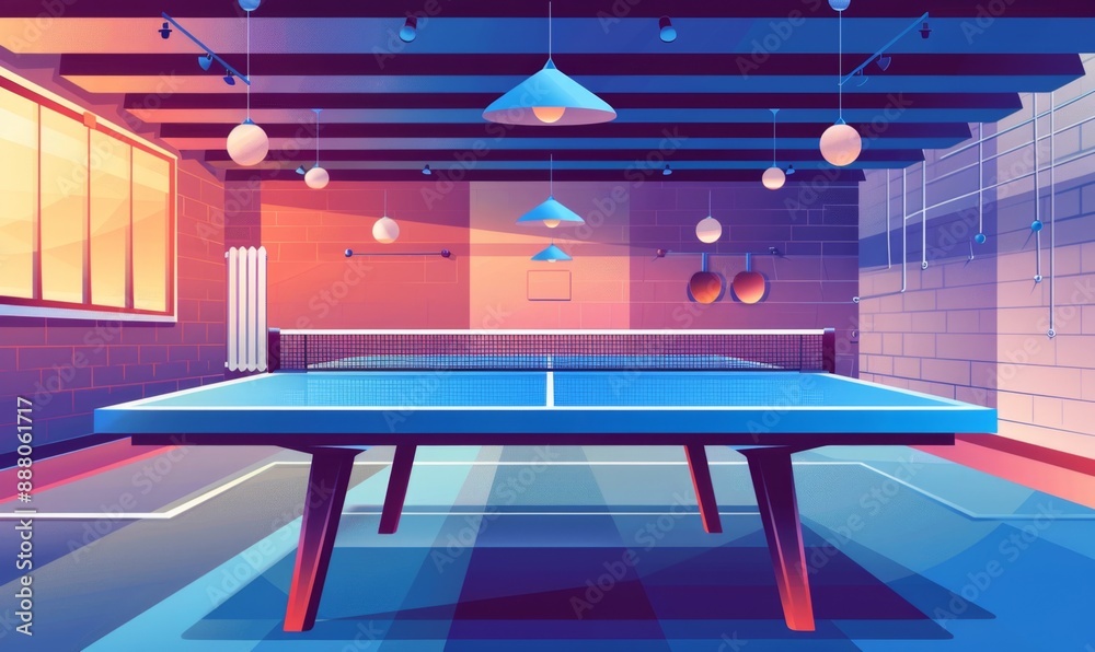 Indoor Ping Pong Game Room Featuring Blue Table with Net and Ball ...