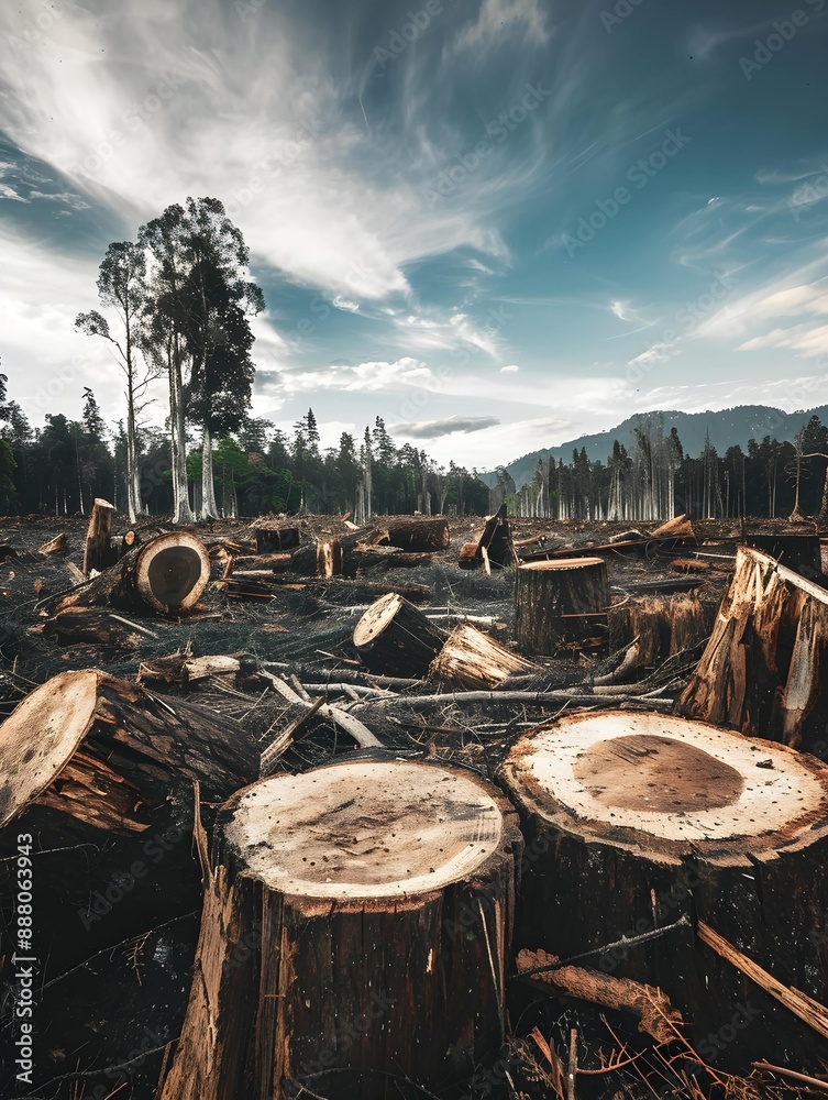 Devastating scene of deforestation with tree stumps scattered across ...