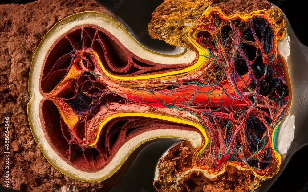 A detailed cross-section of a human bone, revealing the compact and ...