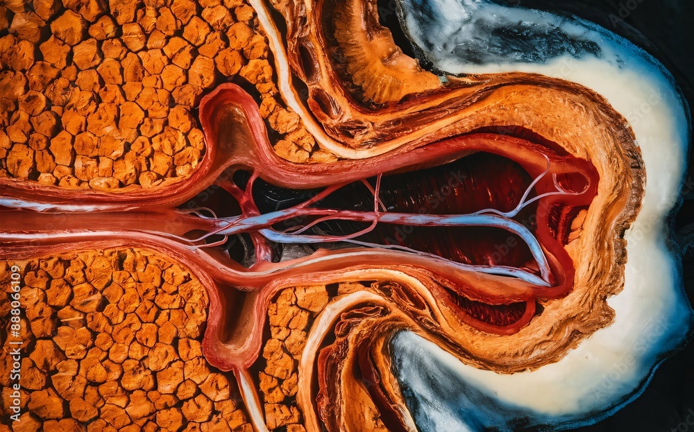 A detailed cross-section of a human bone, revealing the compact and ...