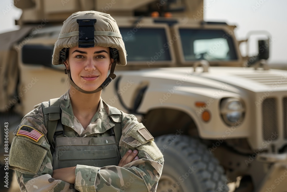 A confident female soldier in uniform stands before a military vehicle ...