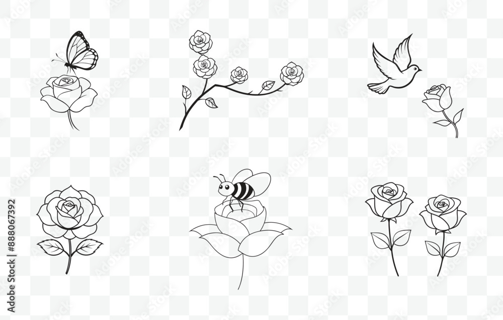Print Elegant Rose Line Art Vector Set Perfect for Floral Illustrations ...