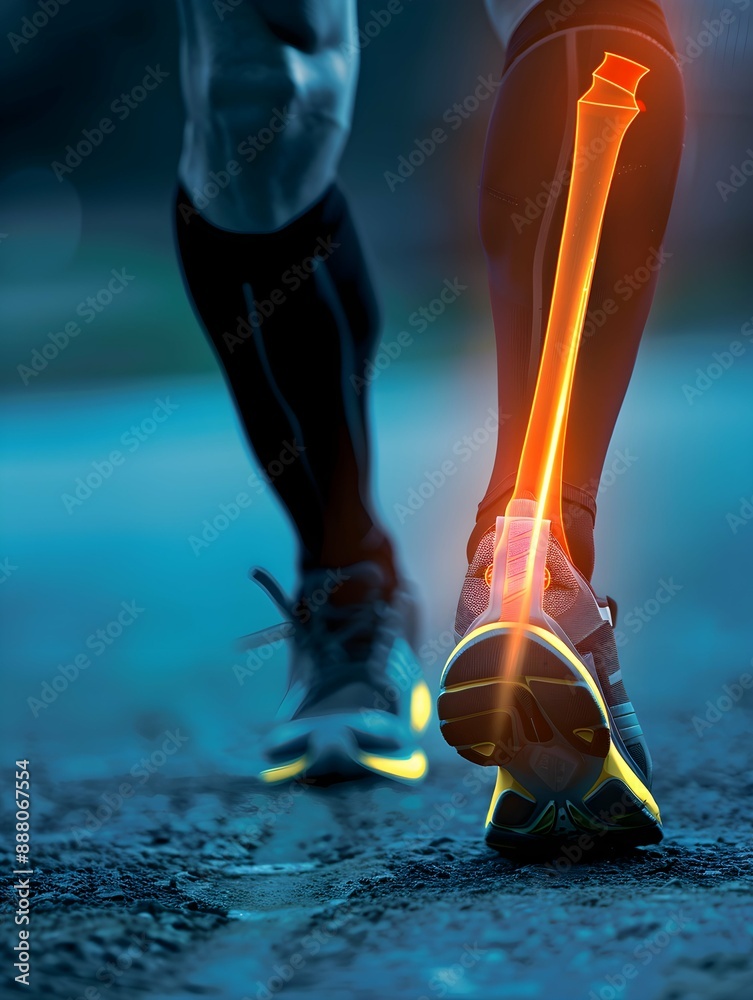 Concept of calf pain, runner's legs with a highlighted area indicating ...