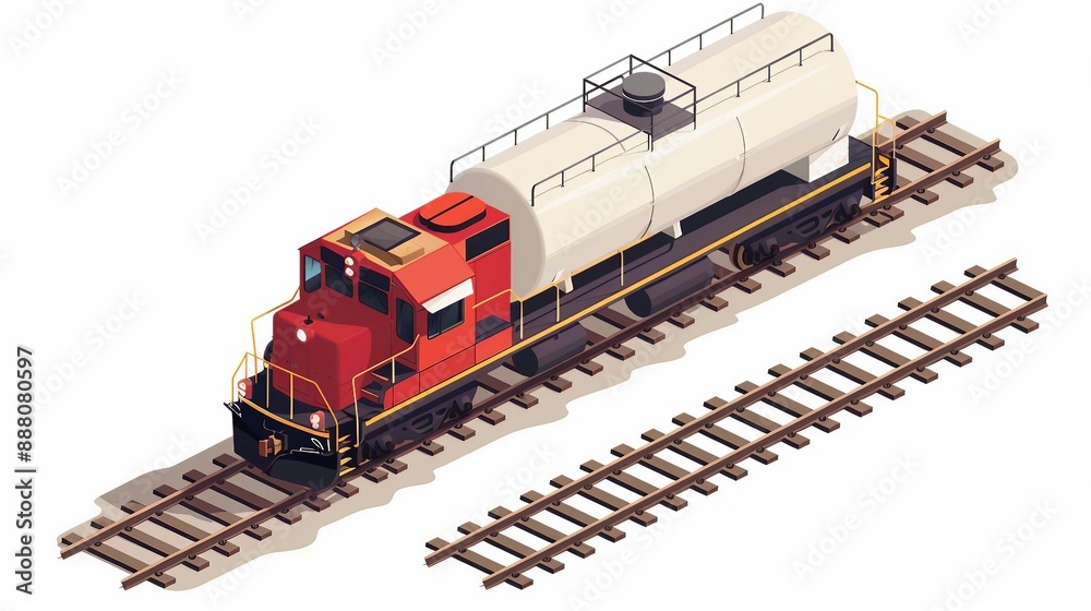 Isometric Illustration of Diesel Locomotive with Rail Covered Wagon and ...