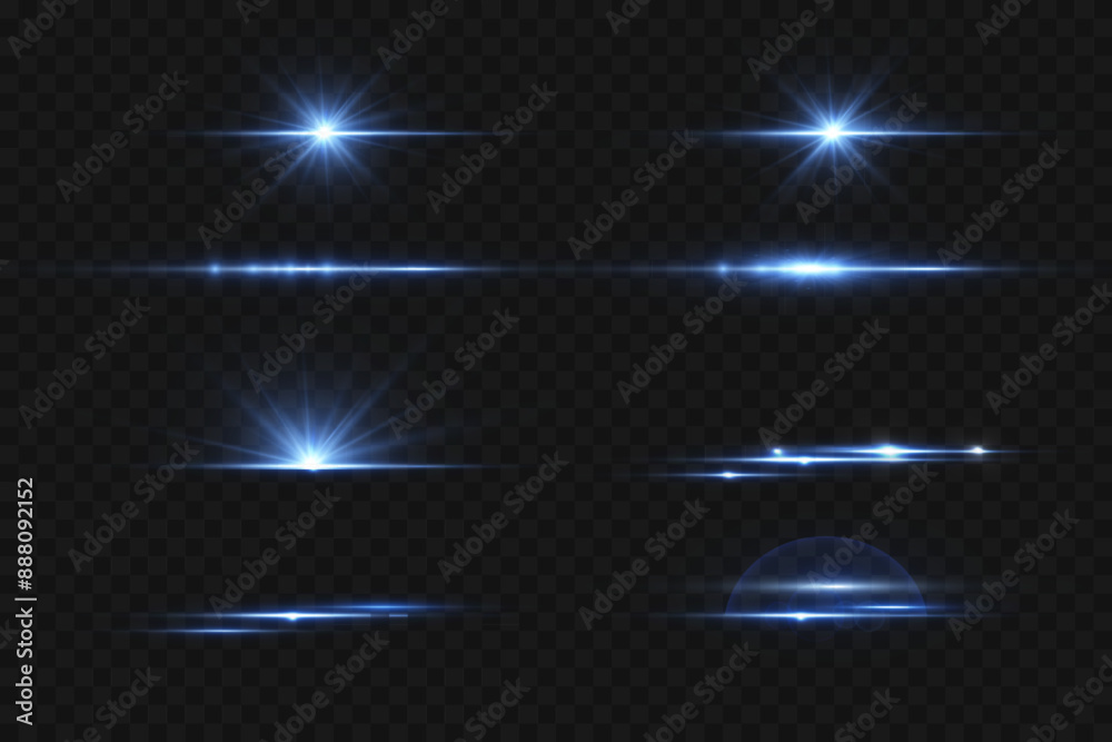 Set of blue horizontal glow. Blue star or sun with highlights. The ...