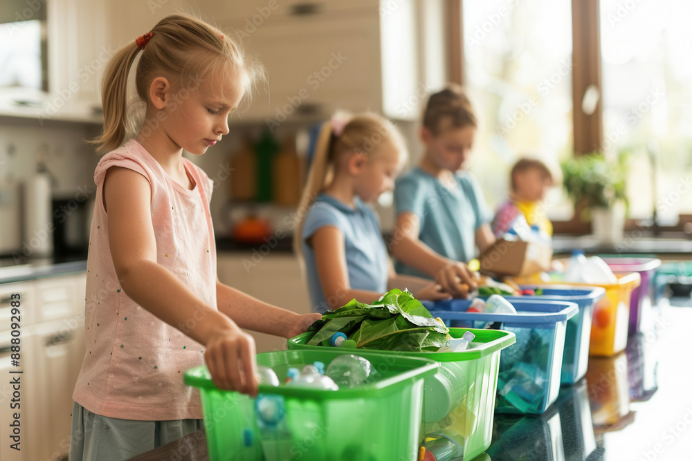 A family sorting recyclable materials into different bins in their ...