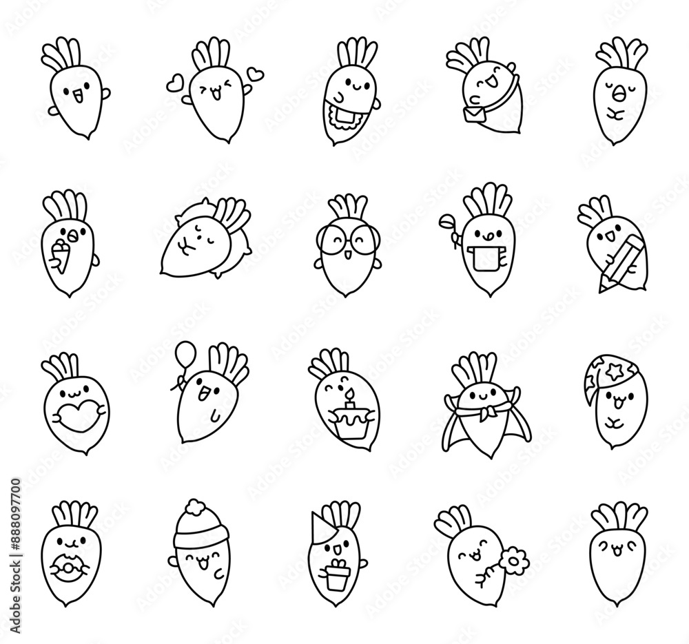 Cute radish character with different emotions and actions. Coloring ...