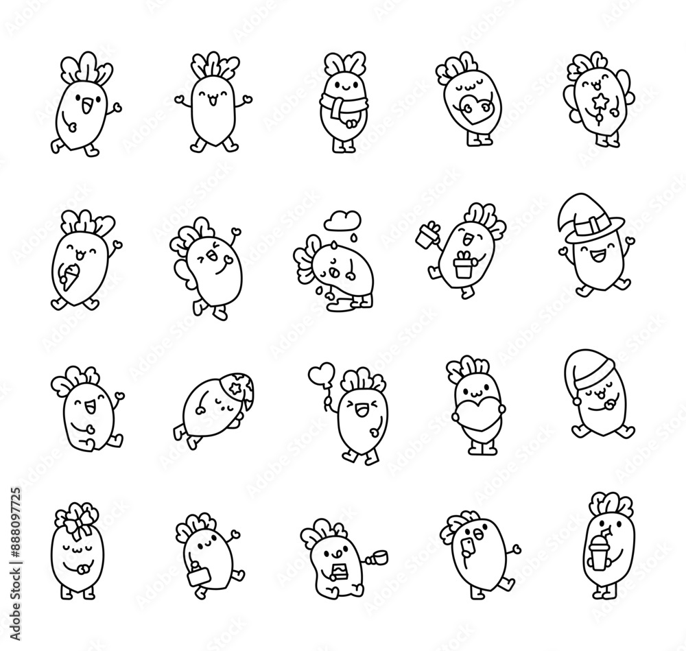 Cute radish character. Coloring Page. Adorable cartoon vegetable. Hand ...