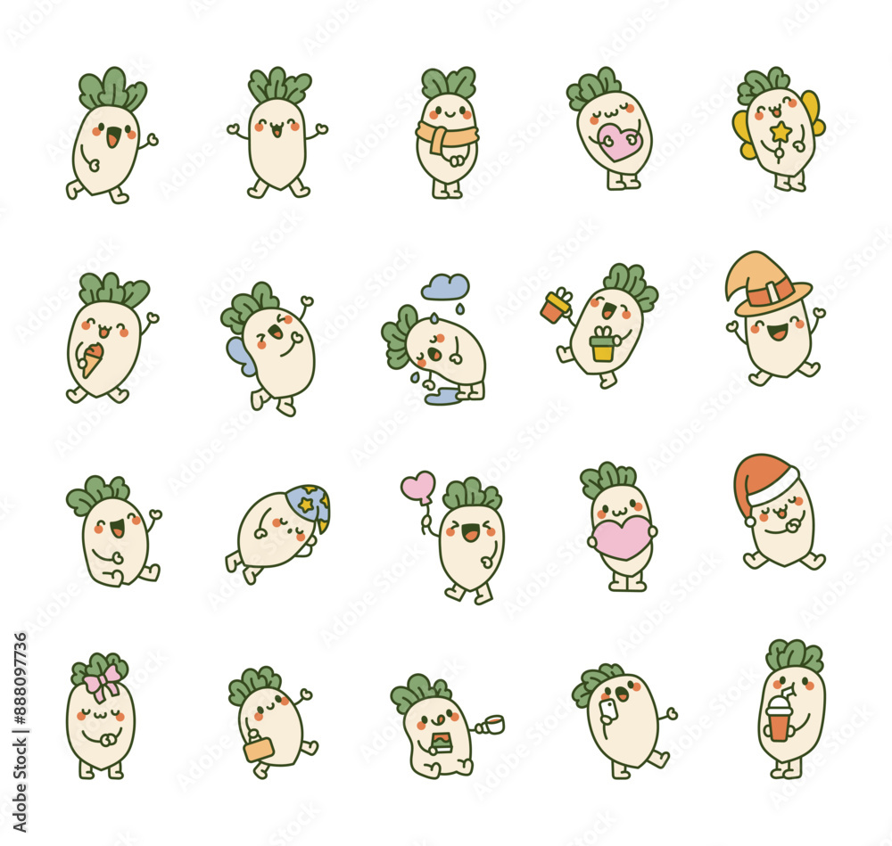 Cute radish character. Adorable cartoon vegetable. Hand drawn style ...