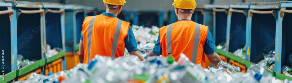 Two workers in safety vests and helmets sorting recyclable waste on a ...