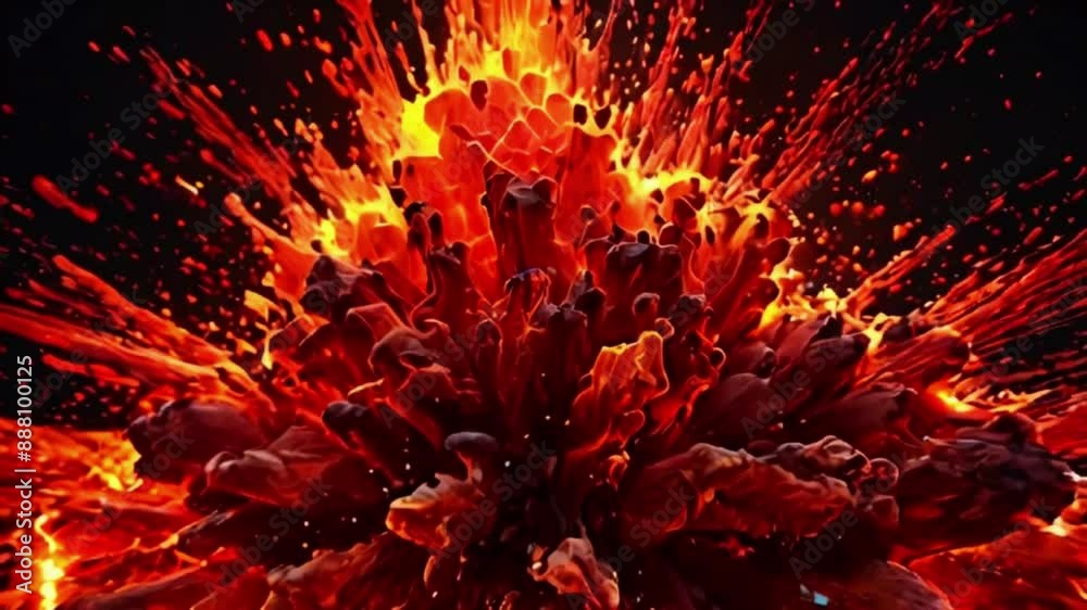 red particles that burst and flow like a fiery explosion, gradually ...