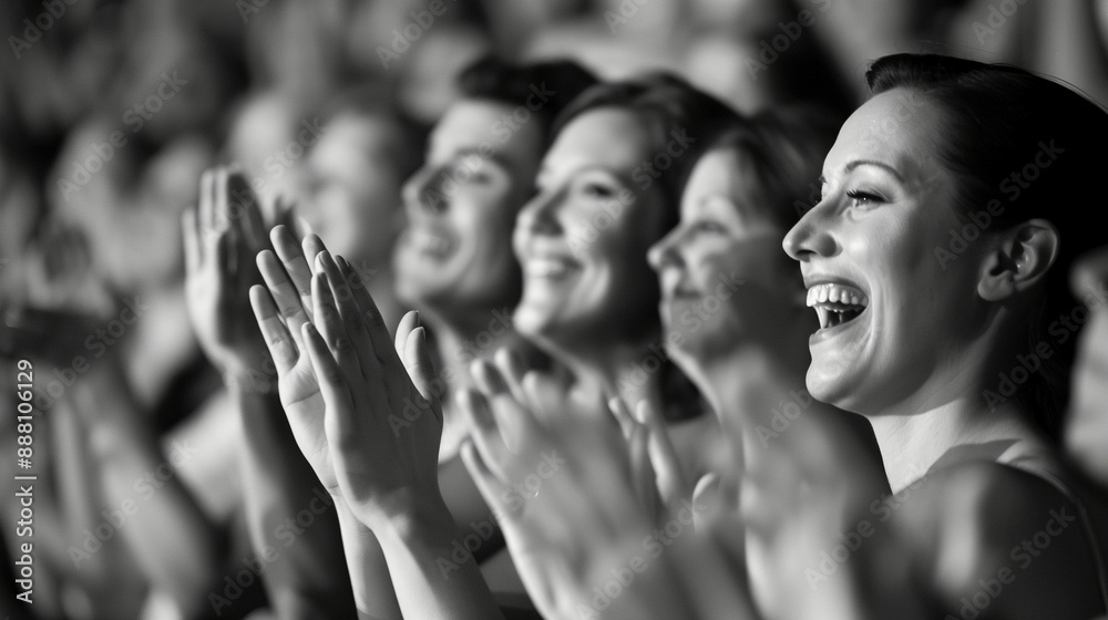 Diverse audience clapping and smiling in appreciation, celebrating an ...