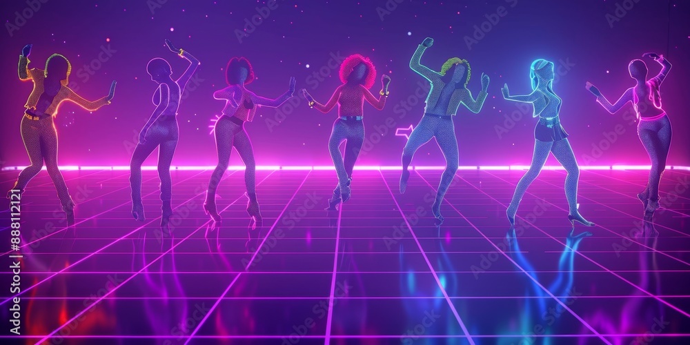 Cartoon Disco Dancers in Neon Light Dance Floor, Recreating the Retro ...