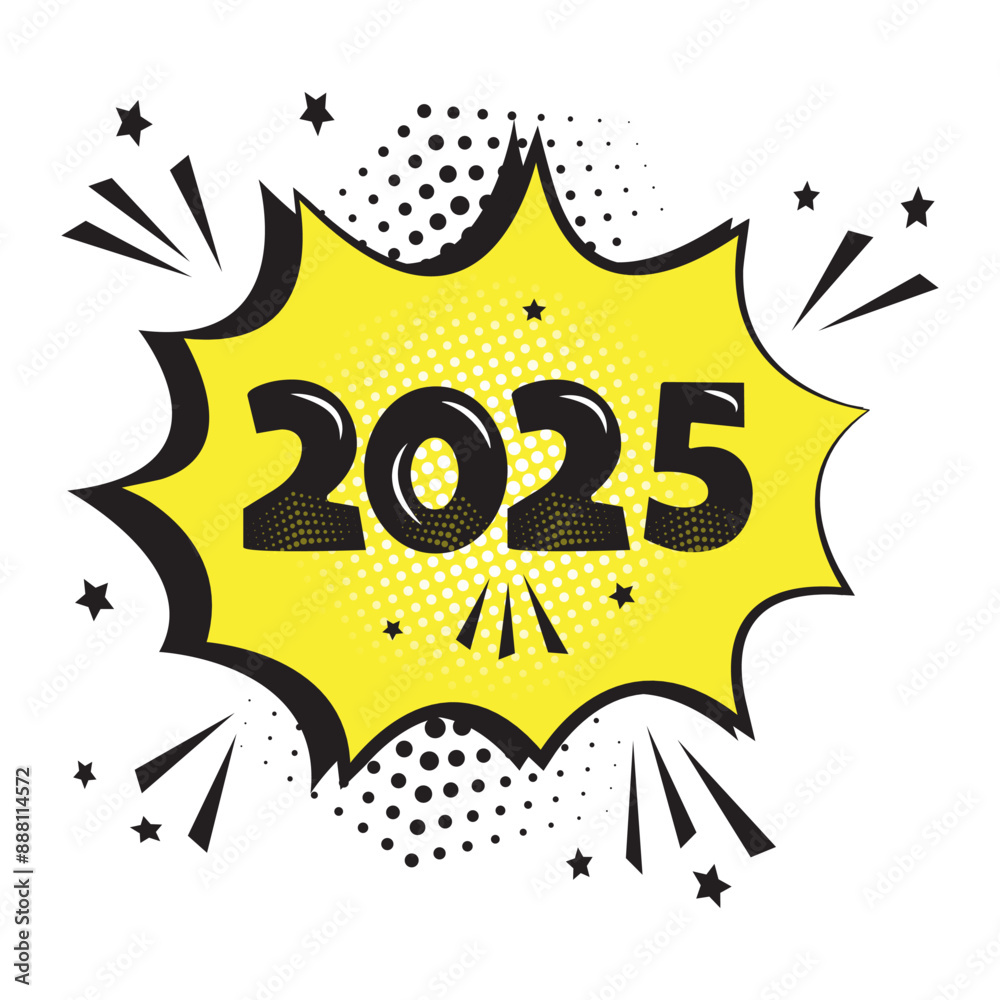Poster Comic speech bubble 2025 New Year, yellow cartoon cloud in pop art style – Wall Art ...