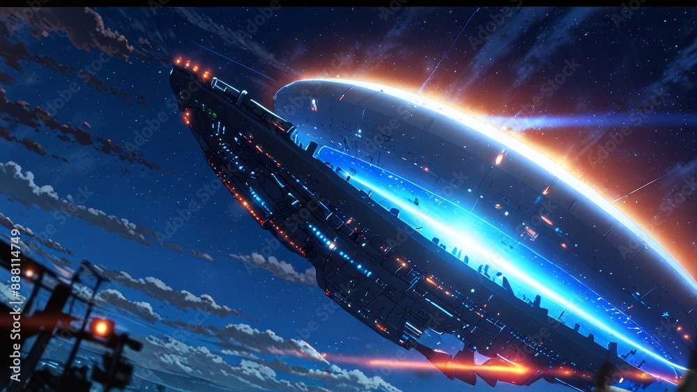 Footage of a giant round alien spaceship with navigation lights slowly ...