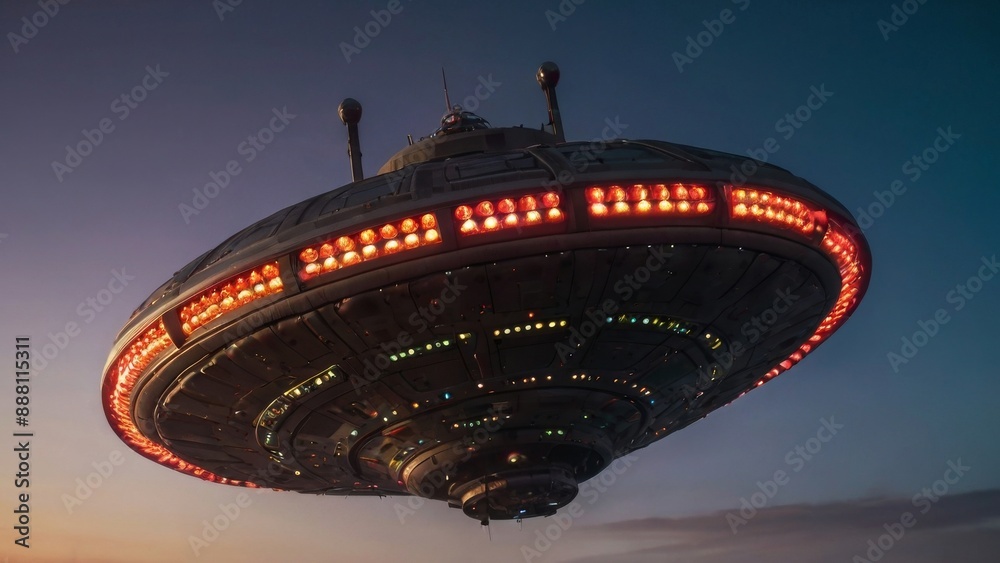 Footage of a giant round alien spaceship with navigation lights slowly ...