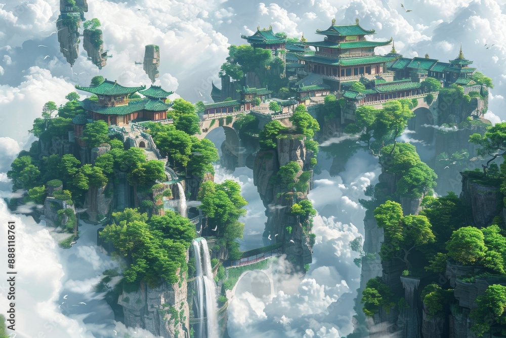Flying dragons in a fantasy landscape. 3D rendering, ethereal floating ...