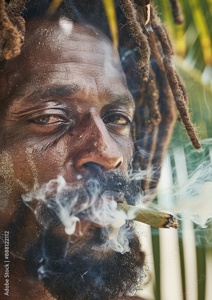 Rastafarian man with dredlocks at the beach by the ocean in Jamaica ...