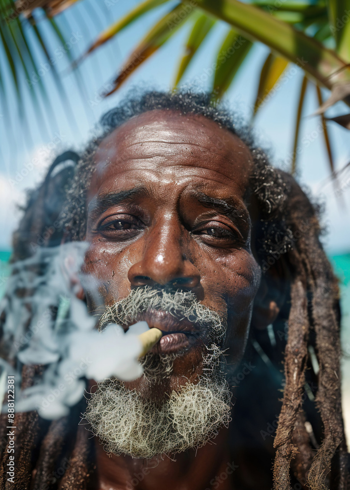 Rastafarian man with dredlocks at the beach by the ocean in Jamaica ...