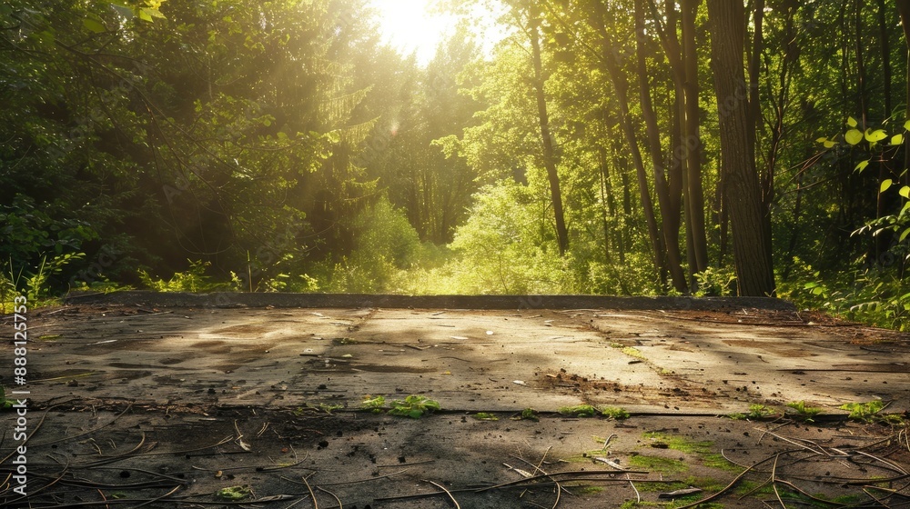 Old fashioned picture of vacant cement ground with green woods and ...