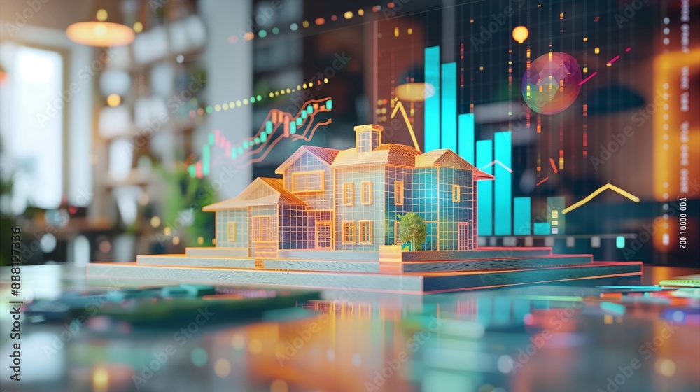 Commercial building growth shown in a hologram of a house and financial ...