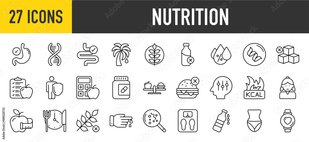 27 Nutrition icon set. Immunity, Protein, Stomach, Plan, Body Weight ...