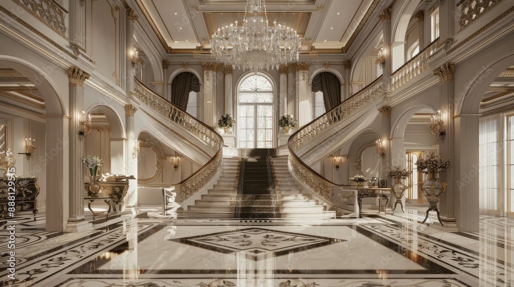 Extravagant entrance hall with a grand staircase, marble floors, and ...