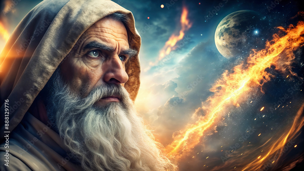 A prophet of God with a beard with a background with the planet Earth ...
