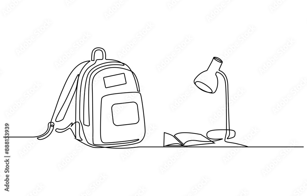 Opened backpack with stationery. Continuous line drawing. Vector ...