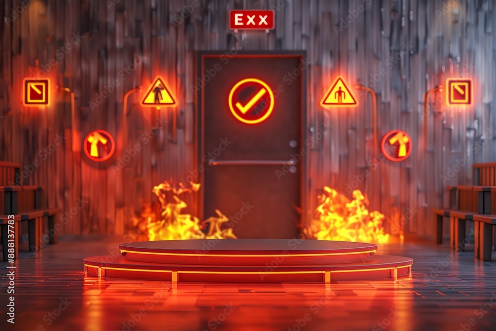 Podium with a backdrop of fire symbols and emergency exit signs ...