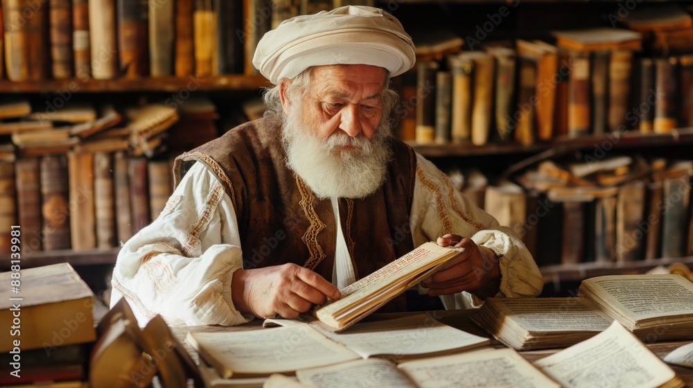 evocative portrait of a medieval scholar, surrounded by manuscripts and ...