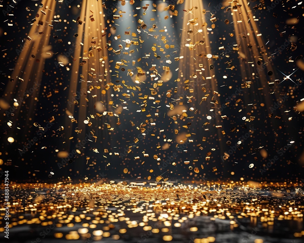 Golden confetti shower, spotlight on stage, empty room, night setting ...
