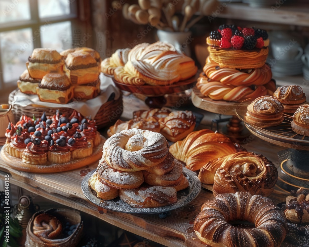 Generative AI depiction of various baked goods on a wooden table, fresh ...