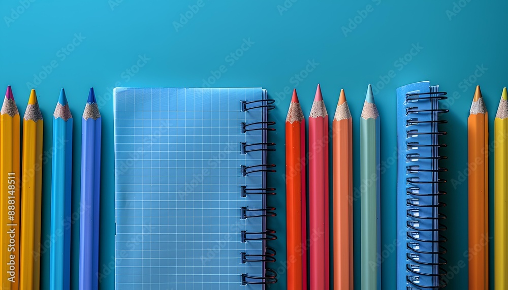 Colorful notebooks on blue background as concept for back to school ...