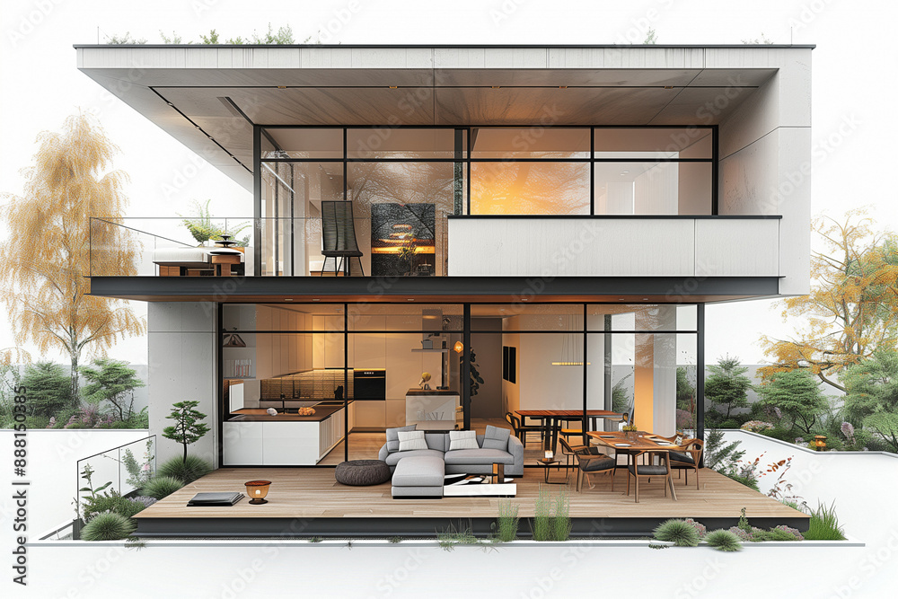 Modern house, architectural structure with furniture, cross section ...