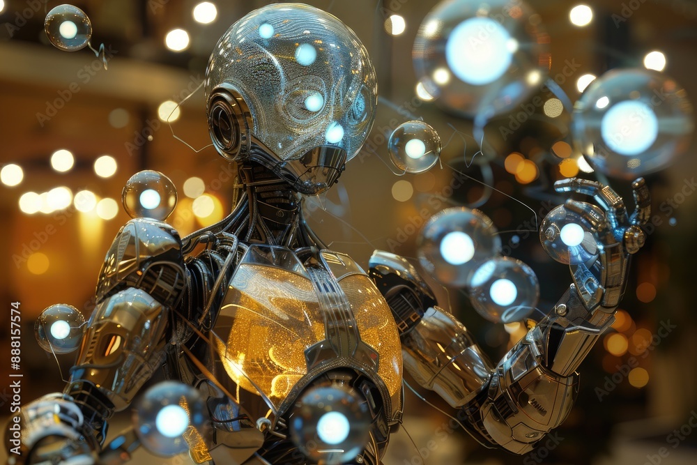 Image of a robot clutching glowing orbs, illustrating a sci-fi concept ...