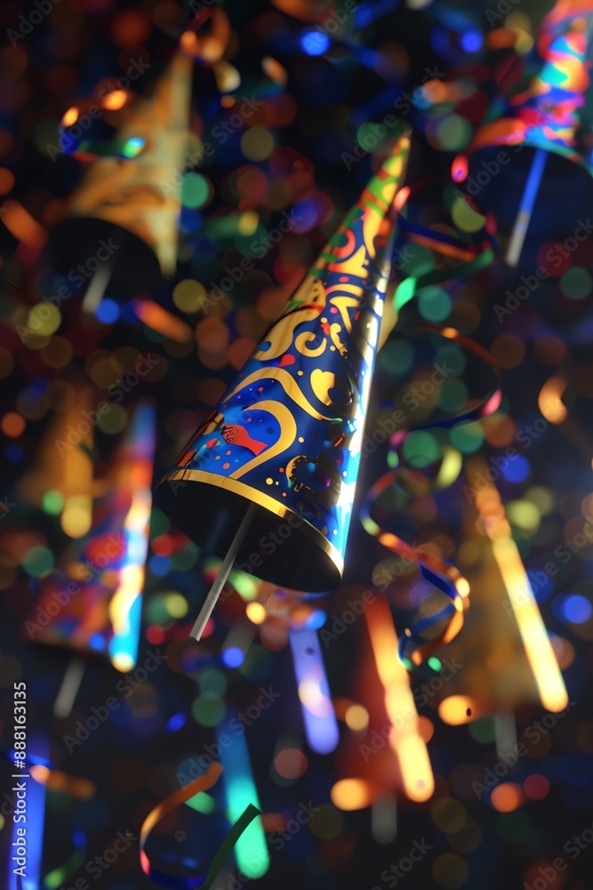 A bunch of colorful party hats are floating in the air. The hats are ...