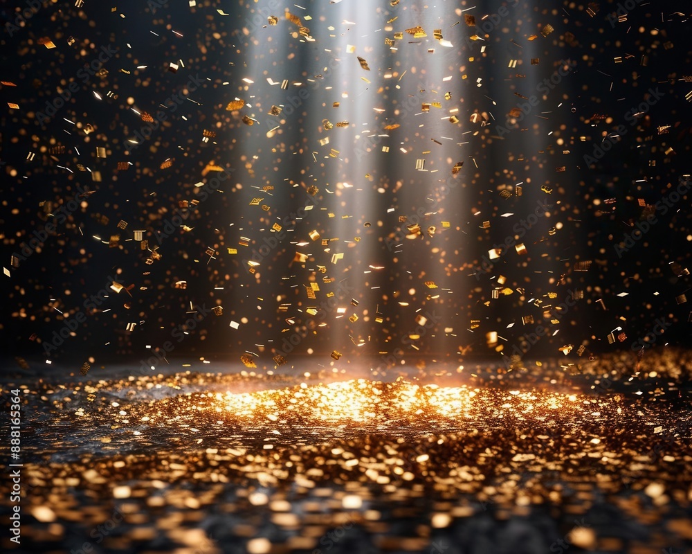 Golden confetti, central stage light beam, empty room at night, festive ...