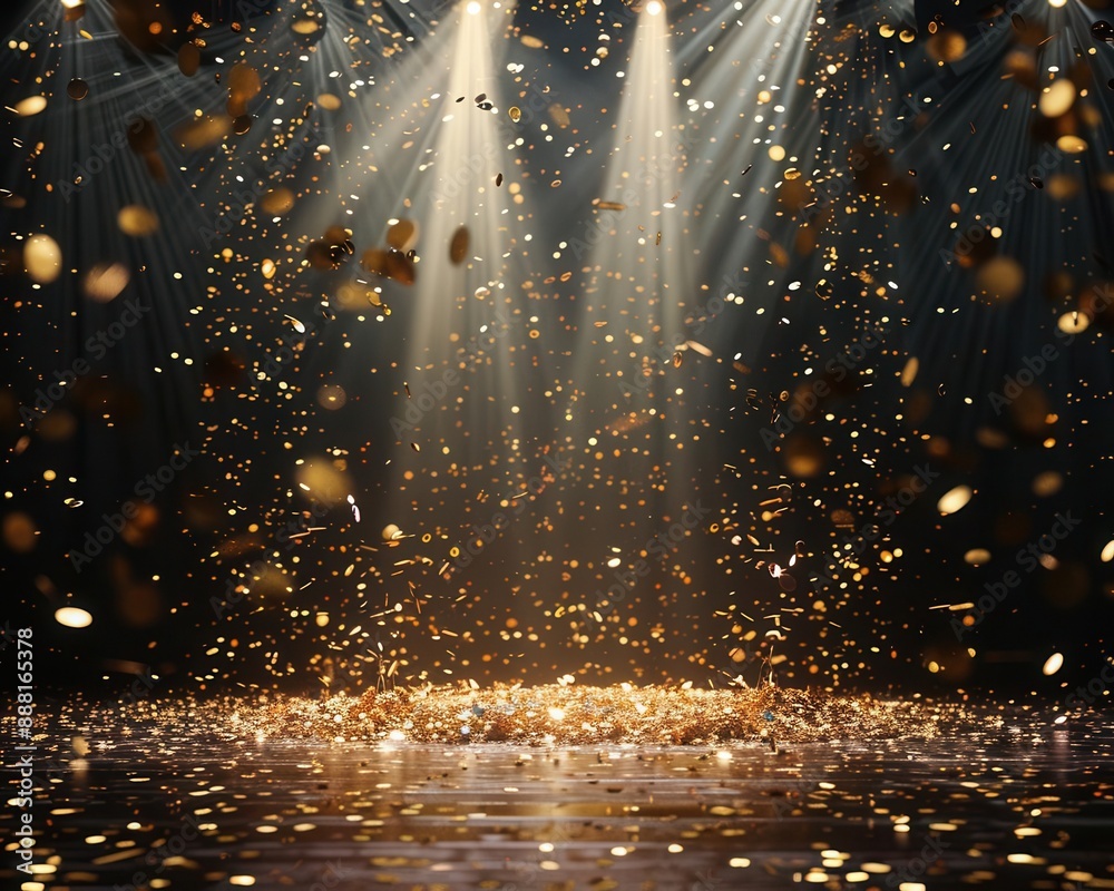 Golden confetti shower, spotlight on stage, empty room, night setting ...