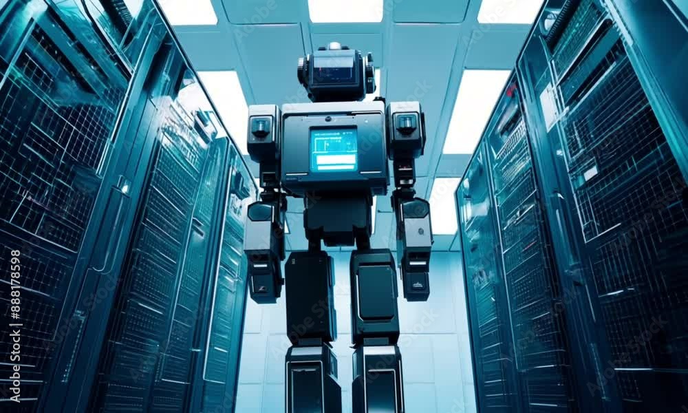 Rear back view of AI artificial intelligence robot standing in data ...